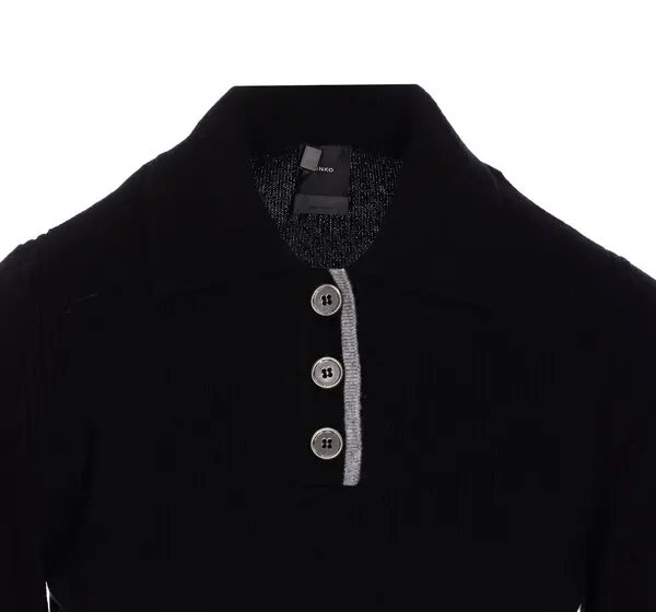 Pinko Short-sleeved Knitted Polo Shirt With Ribbed Cuffs And Hem - Black