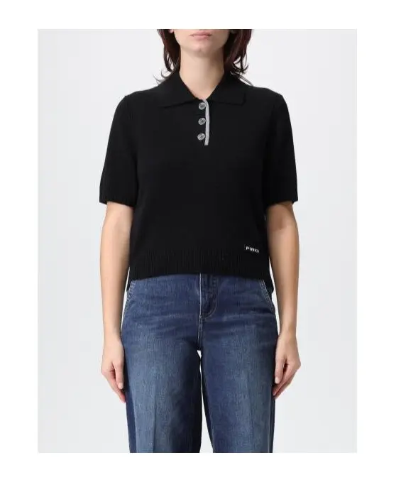 Pinko Short-sleeved Knitted Polo Shirt With Ribbed Cuffs And Hem - No