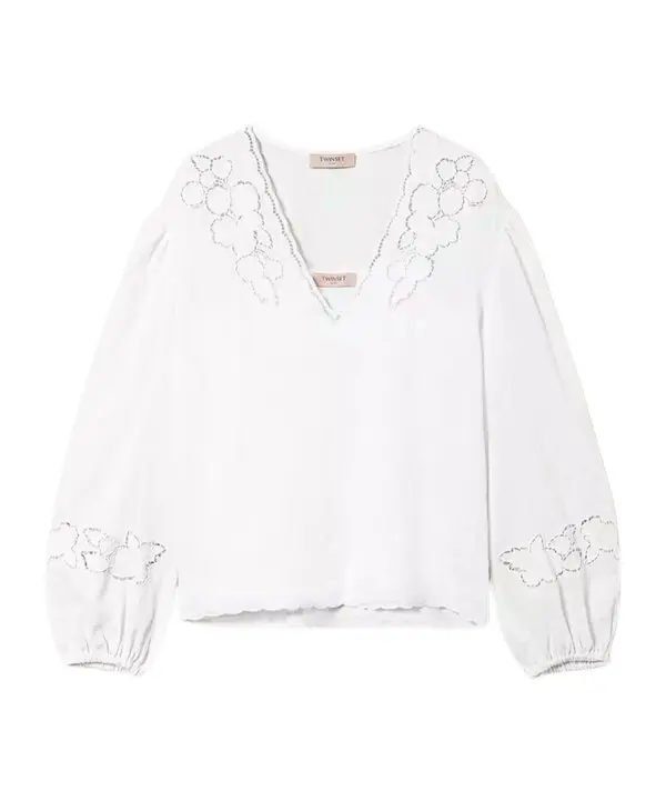 TWINSET Floral Embroidered Linen Blouse - White