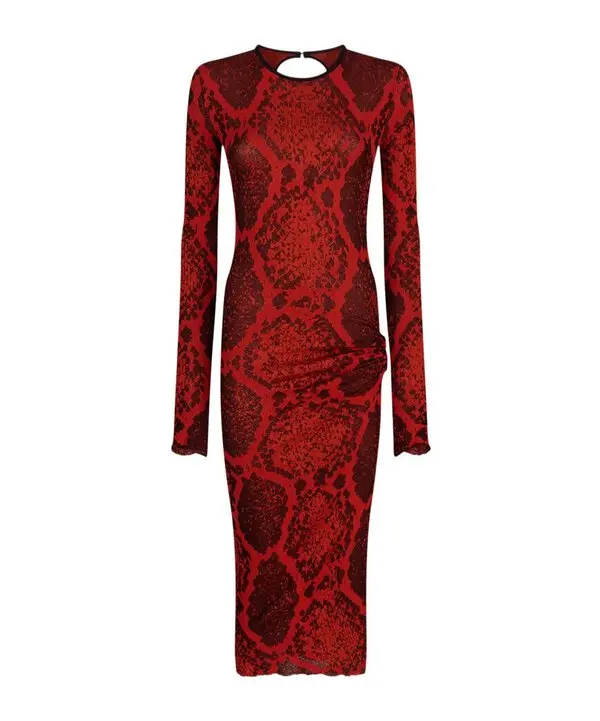 Attico Snake Print Long Sleeve Cut-out Back Midi Dress
