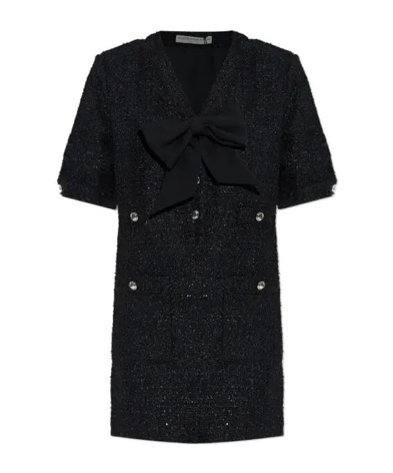 Alessandra Rich V-neck Short Sleeve Bow Detail Mini Tweed Dress