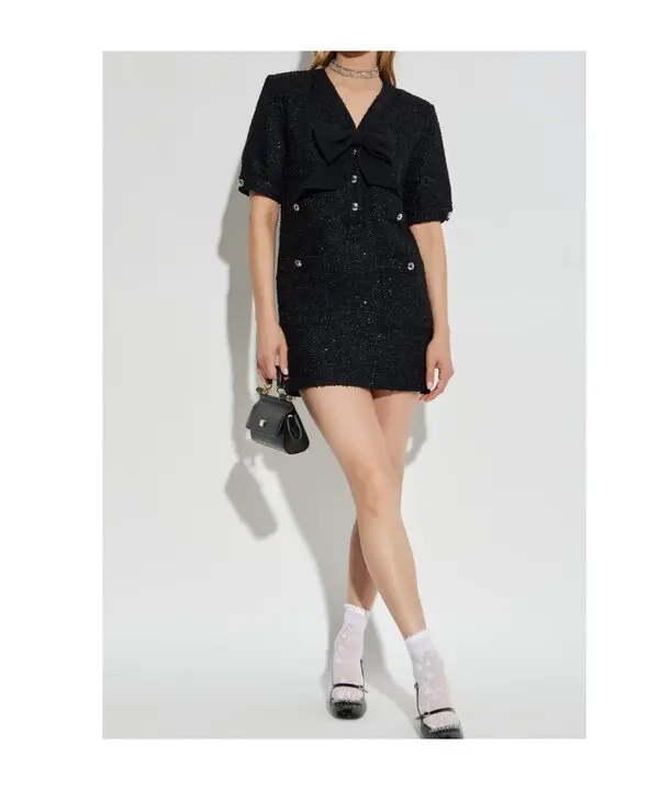Alessandra Rich V-neck Short Sleeve Bow Detail Mini Tweed Dress