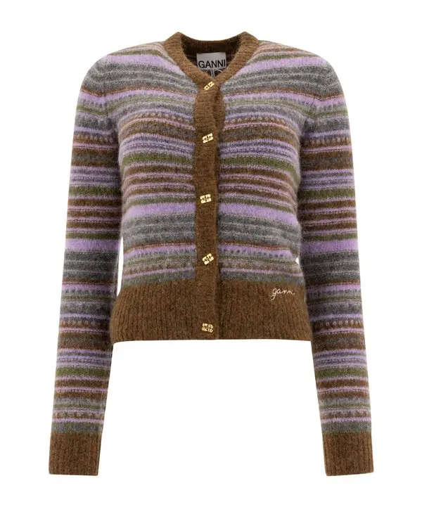 GANNI Striped Knit Cardigan - Brown