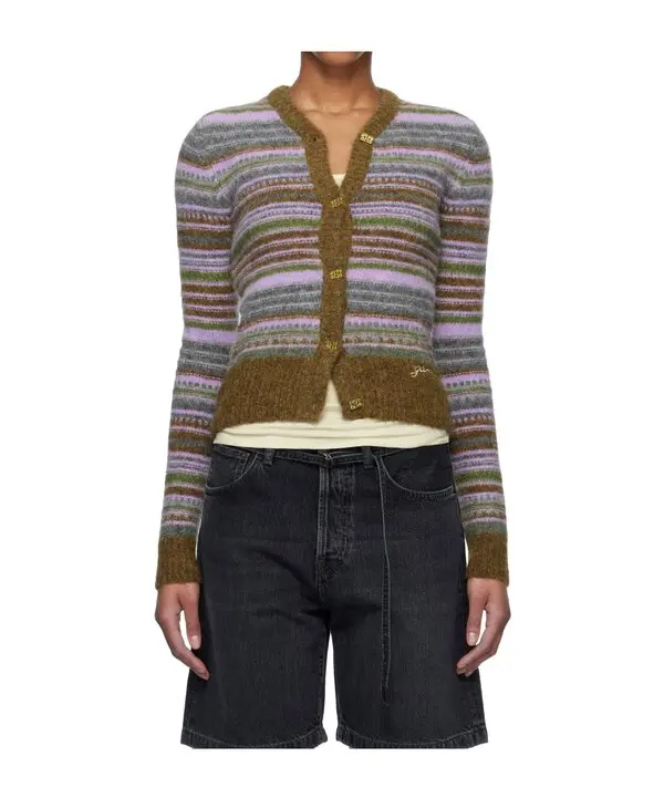 GANNI Striped Knit Cropped Cardigan - No