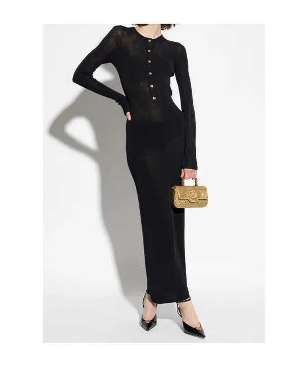 Versace Long Sleeve Fitted Maxi Dress With Button Closure