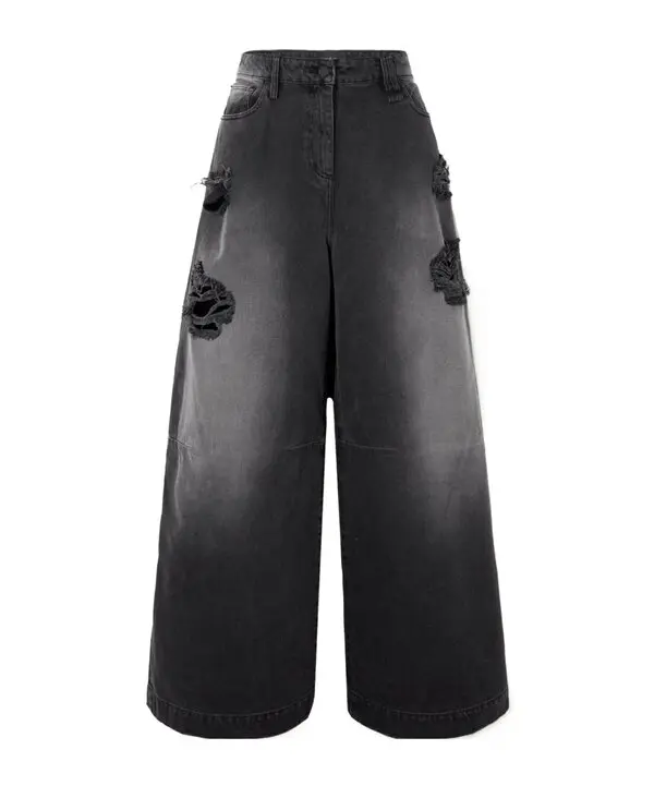 Simone Rocha Crystal-embellished Distressed Wide-leg Jeans - Black
