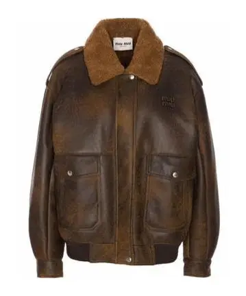 Miu Miu Distressed Leather Logo Bomber Jacket - Brown