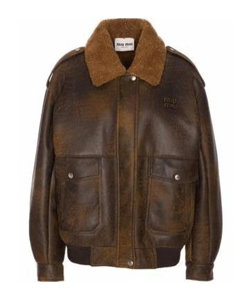 Miu Miu Distressed Leather Logo Bomber Jacket - Brown