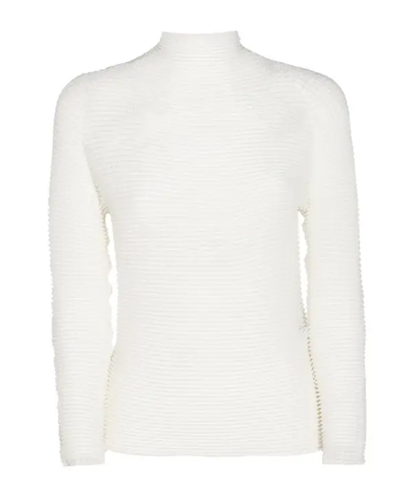 Issey Miyake Pleated High Collar Long Sleeve Top - White