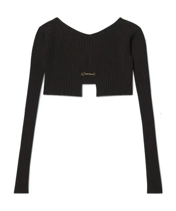Jacquemus Ribbed Knit Cropped Cardigan With Logo Charm - Black