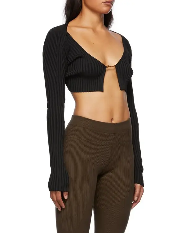 Jacquemus Ribbed Knit Cropped Cardigan With Logo Charm - Black