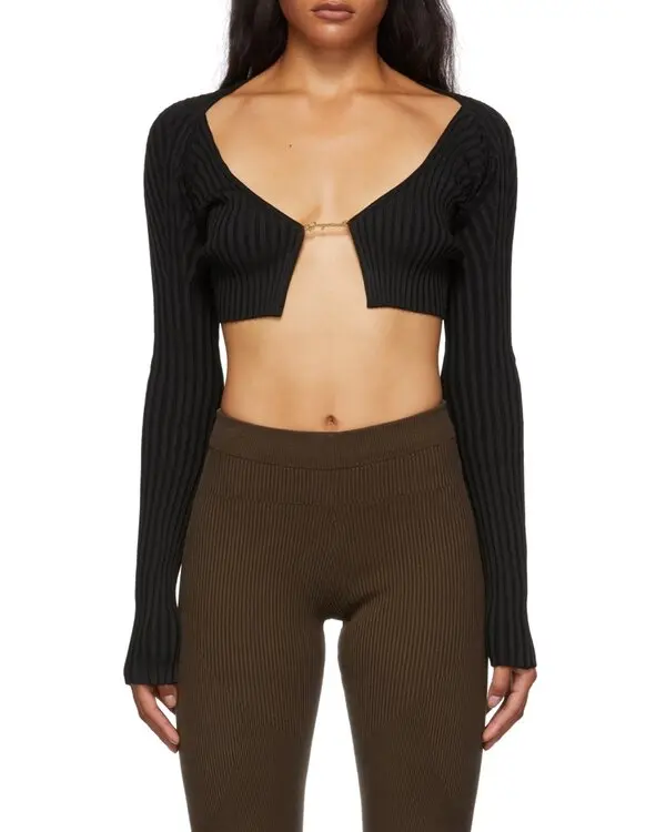 Jacquemus Ribbed Knit Cropped Cardigan With Logo Charm - Black