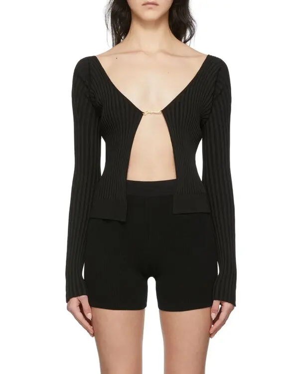 Jacquemus Ribbed Knit Cropped Cardigan With Logo Charm - Black