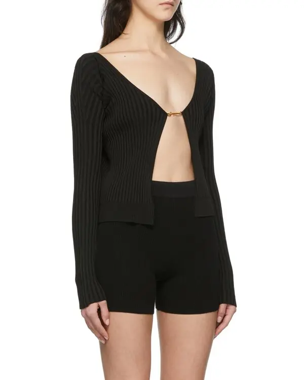 Jacquemus Ribbed Knit Cropped Cardigan With Logo Charm - Black
