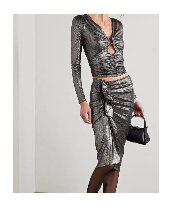 Isabel Marant Étoile Buffy Top Long Sleeve Metallic Ruched V-neck Top