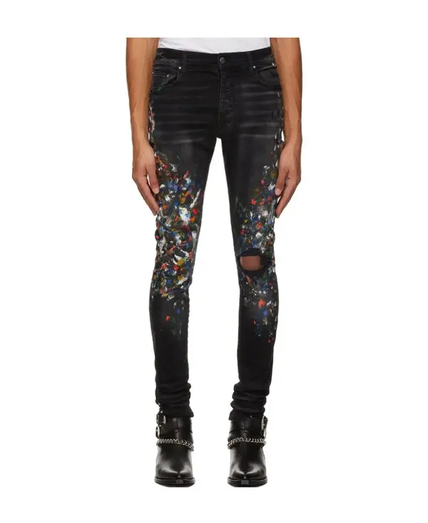 Amiri Paint Print Distressed Skinny Jeans - Black