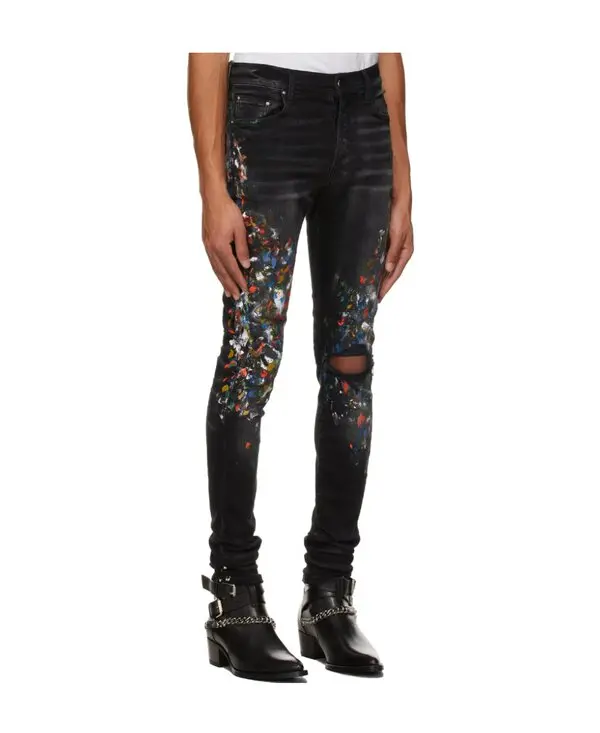Amiri Paint Print Distressed Skinny Jeans - Black