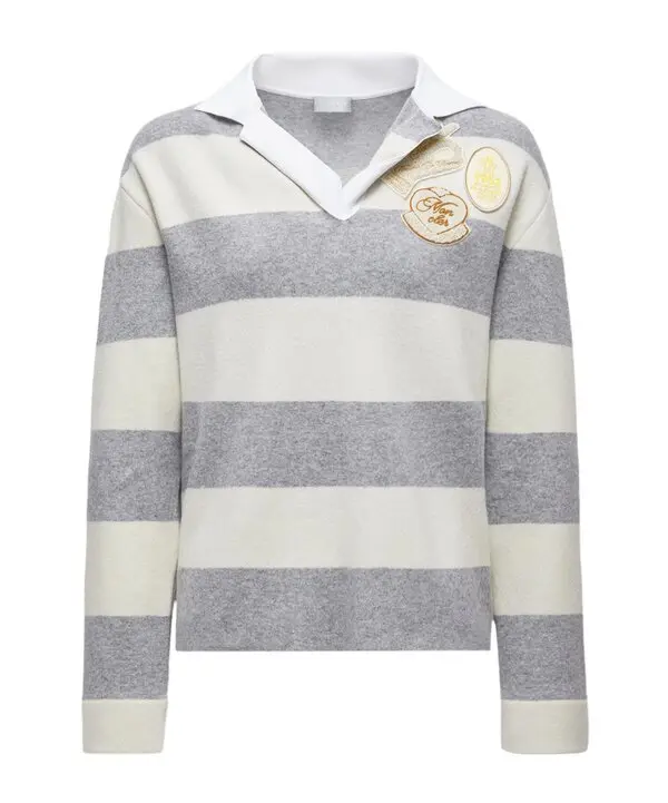 Moncler Striped Long Sleeve Wool Polo Shirt - White And Gray