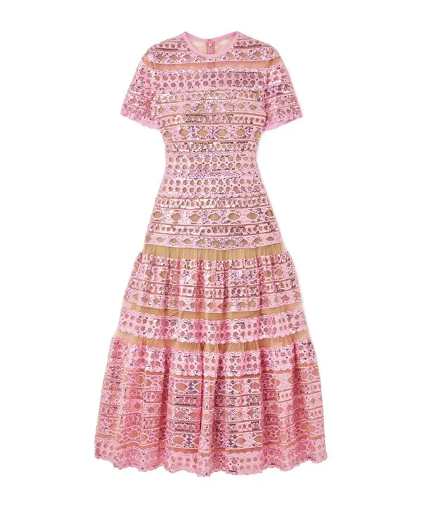 Elie Saab Tiered Embroidered Sequin Tulle Midi Dress