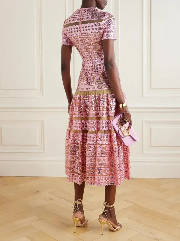 Elie Saab Tiered Embroidered Sequin Tulle Midi Dress