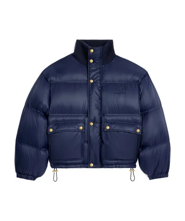 Celine Puffer Jacket In Light Nylon With High Collar And Triomphe Snaps - Blue