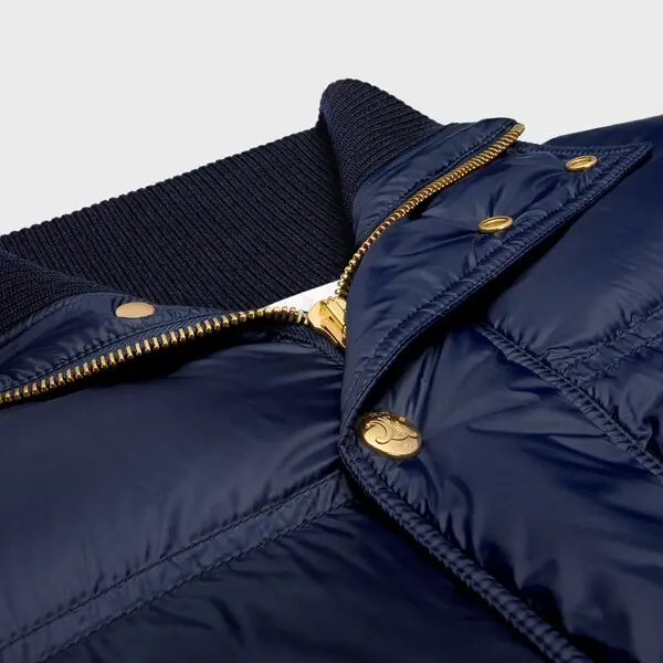 Celine Puffer Jacket In Light Nylon With High Collar And Triomphe Snaps - Blue