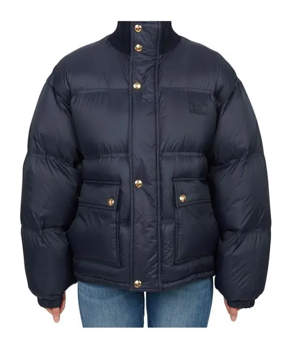 Celine Puffer Jacket In Light Nylon With High Collar And Triomphe Snaps - Blue