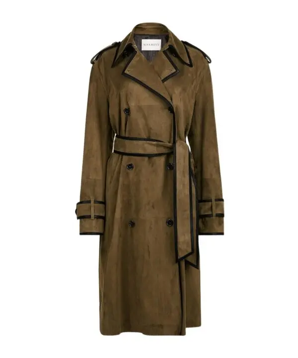 Nina Ricci Belted Suede Trench Coat With Leather Trim - Khaki