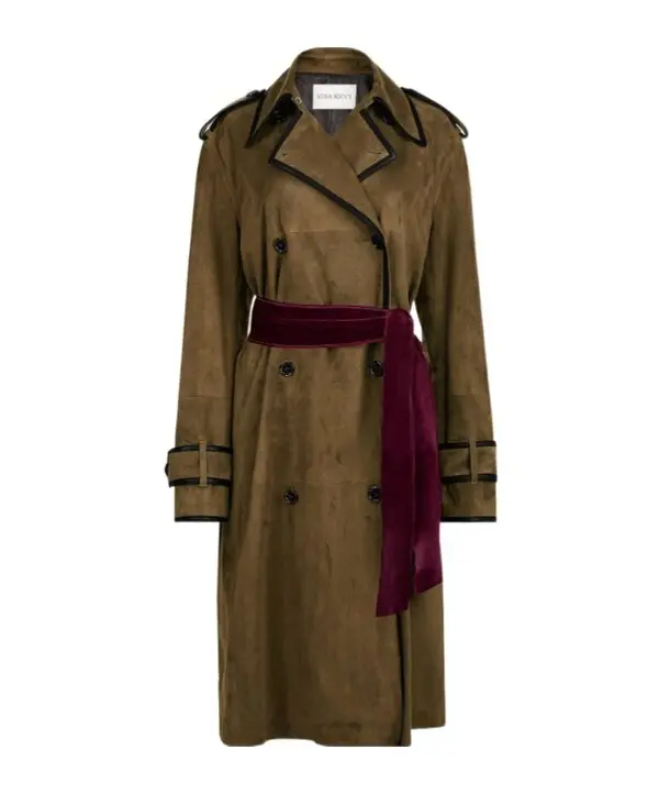 Nina Ricci Belted Suede Trench Coat With Leather Trim - Khaki