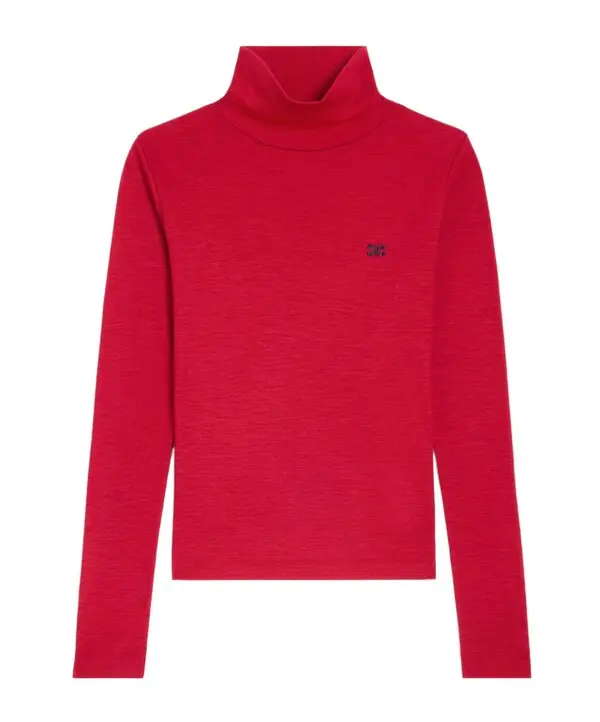 Celine Wool Jersey Turtleneck Top With Embroidery - Cherry Red/navy