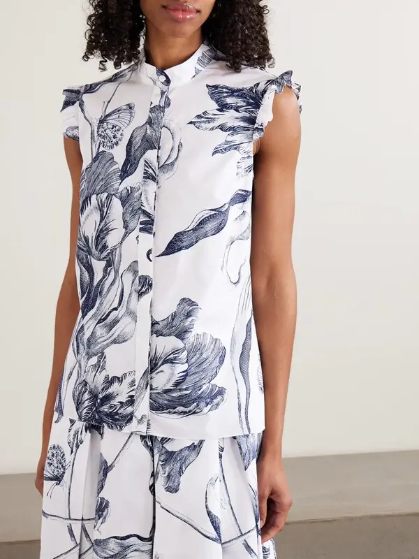 Erdem Peony Print" Ruffled Cotton Poplin Shirt - No