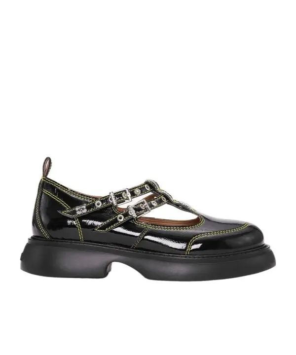 GANNI Eco Leather Mary Jane Loafers With Buckle Detailing - Black/yellow