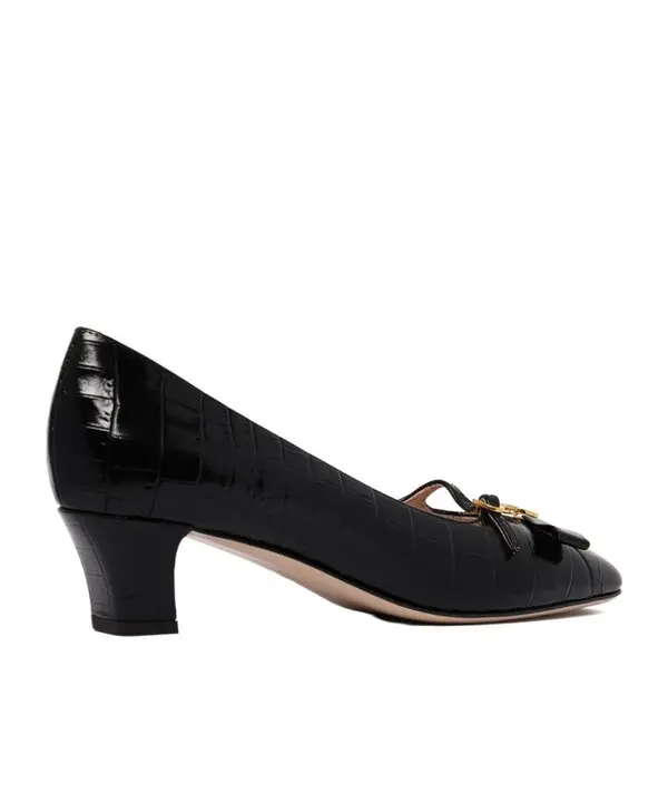 Valentino Garavani Croc Embossed Leather Square Toe Pumps With Bow Detailing