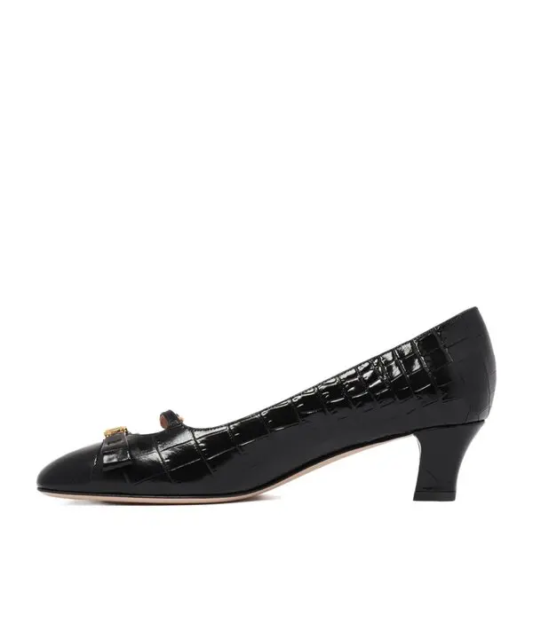 Valentino Garavani Croc Embossed Leather Square Toe Pumps With Bow Detailing