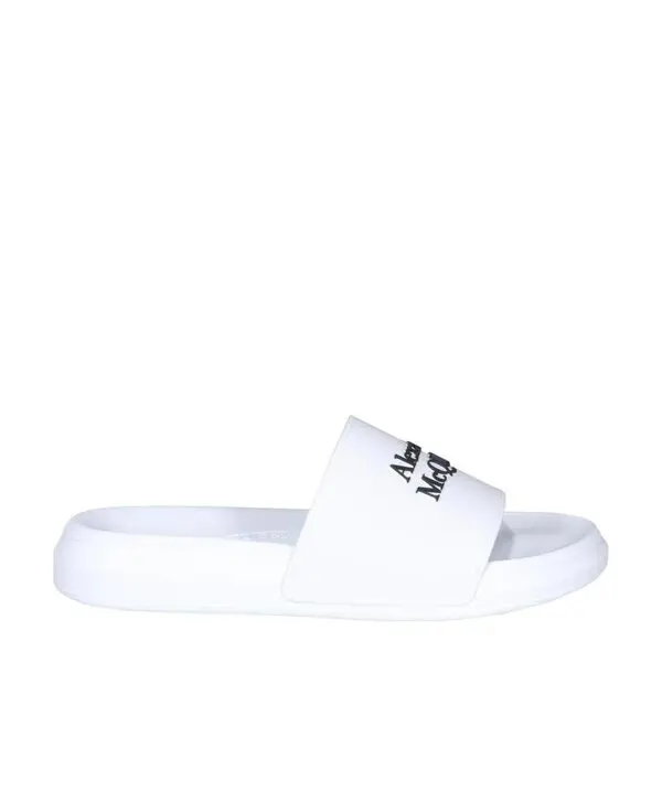 Alexander McQueen Logo Print Open Toe Slides - White