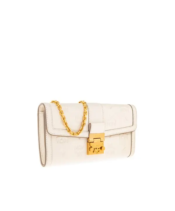 Mcm Embossed Logo Wallet With Chain Strap - White