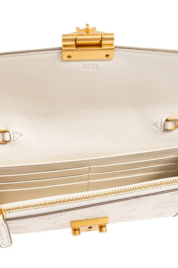 Mcm Embossed Logo Wallet With Chain Strap - White