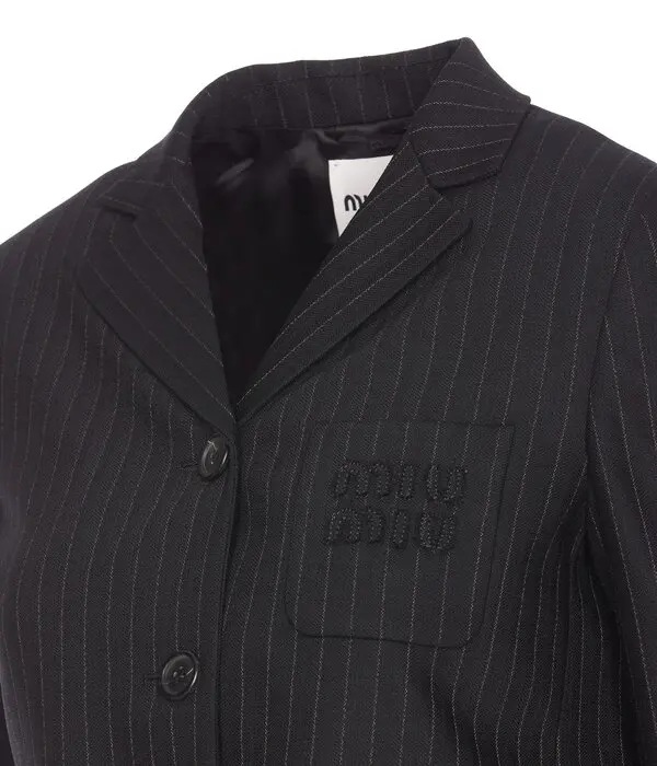 Miu Miu Pinstriped Tailored Jacket With Tassel Trims - Black