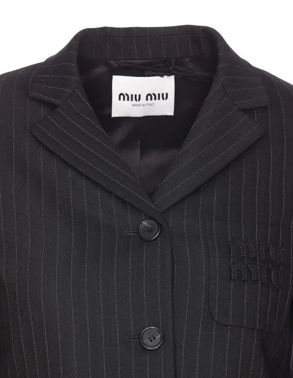 Miu Miu Pinstriped Tailored Jacket With Tassel Trims - Black