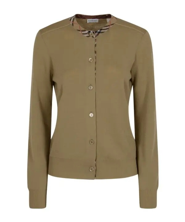 Burberry Checked-neck Buttoned Cardigan - Khaki