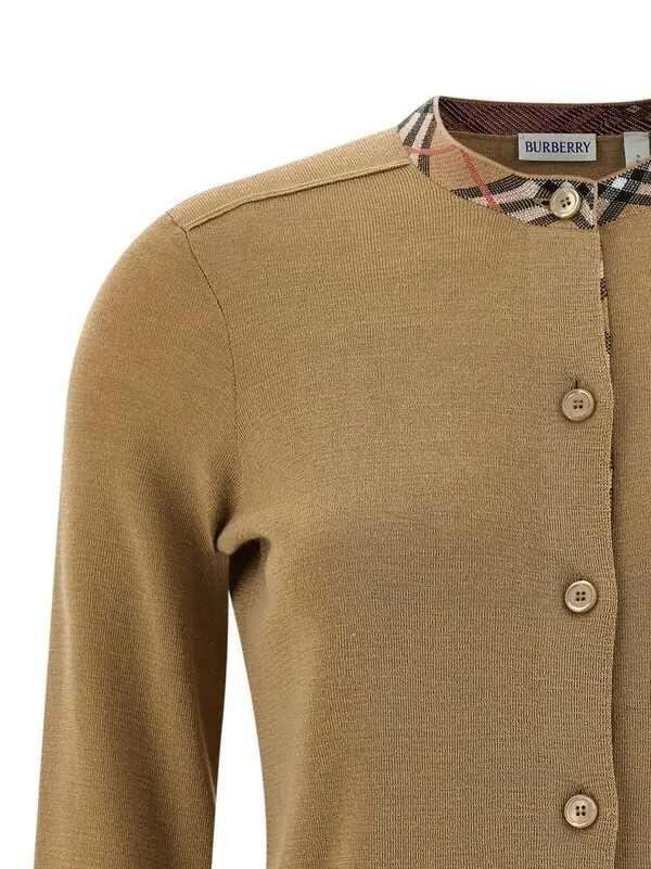 Burberry Checked-neck Buttoned Cardigan - Khaki