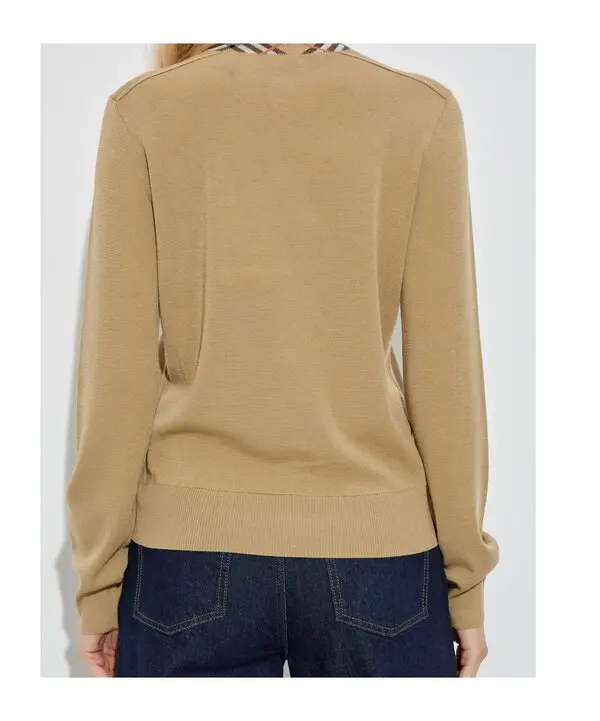 Burberry Checked-neck Buttoned Cardigan - Khaki