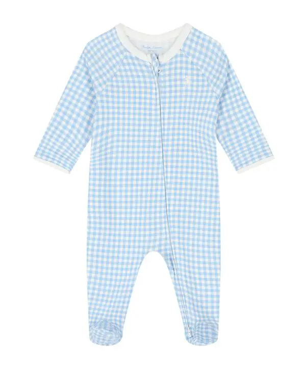 Polo Ralph Lauren Gingham Plaid Footed Jumpsuit And Hat Set