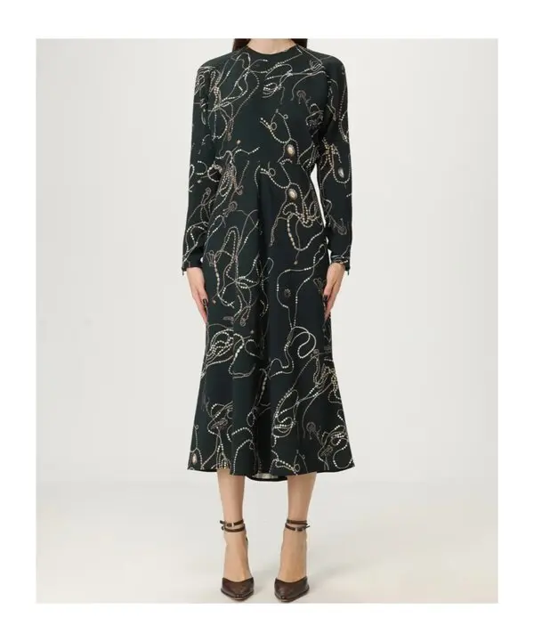 Victoria Beckham Long Sleeve Chain Print Midi Dress
