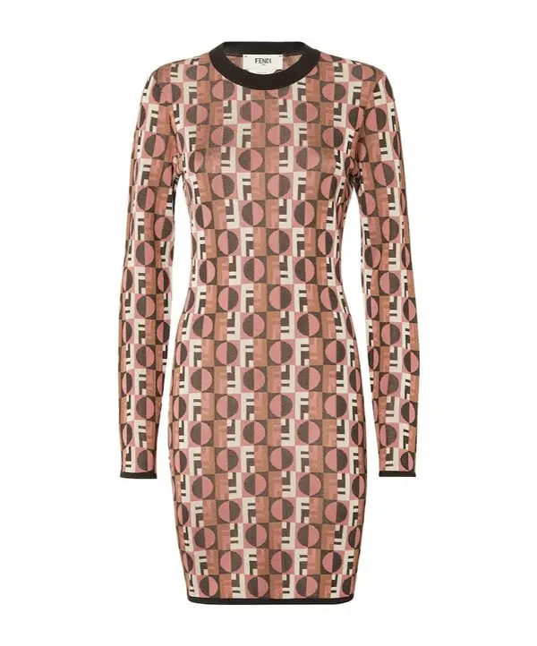 Fendi Optical Print Long-sleeve Mini Dress - Nude
