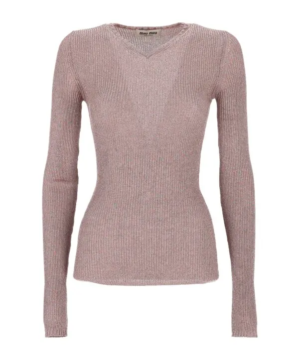 Miu Miu Lurex-detailed V-neck Jumper - Nude