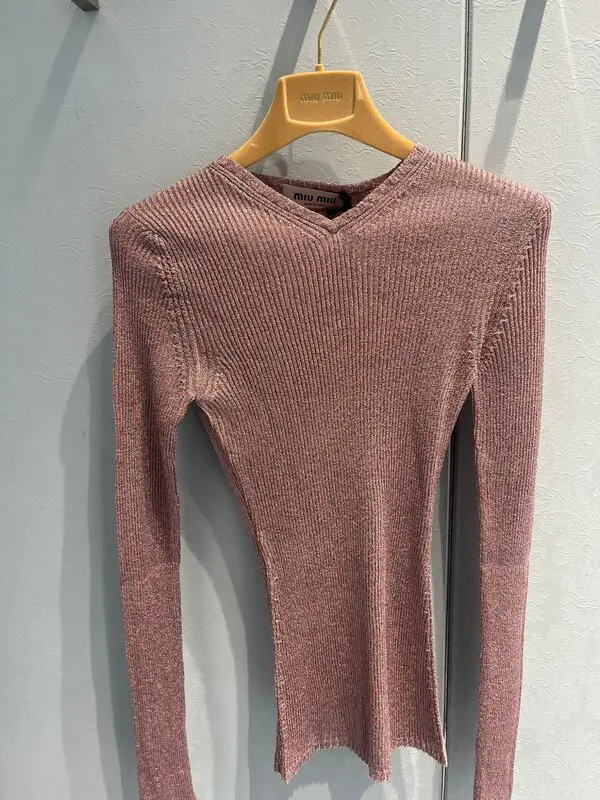 Miu Miu Lurex-detailed V-neck Jumper - Nude