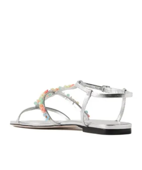 JIMMY CHOO Metallic Leather Floral Beaded Sandals - White