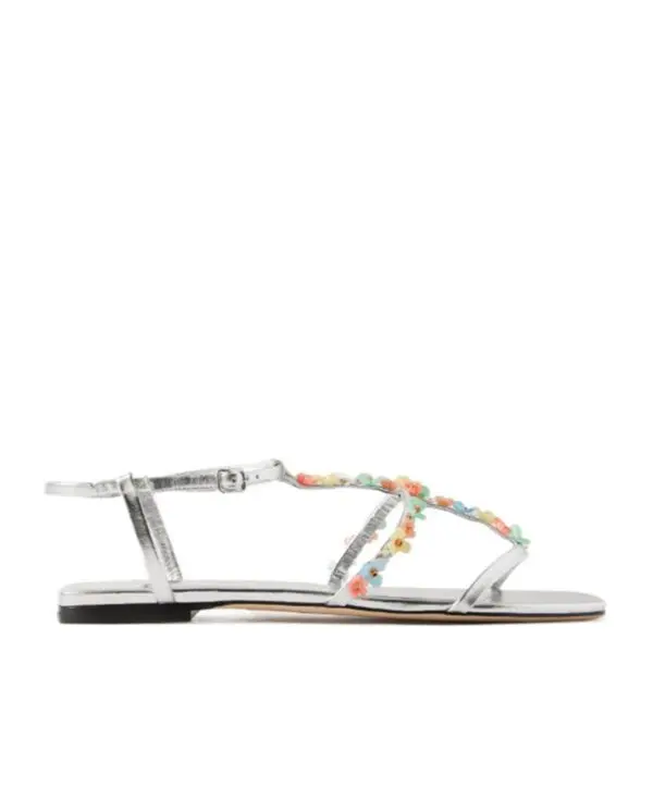 JIMMY CHOO Metallic Leather Floral Beaded Sandals - White
