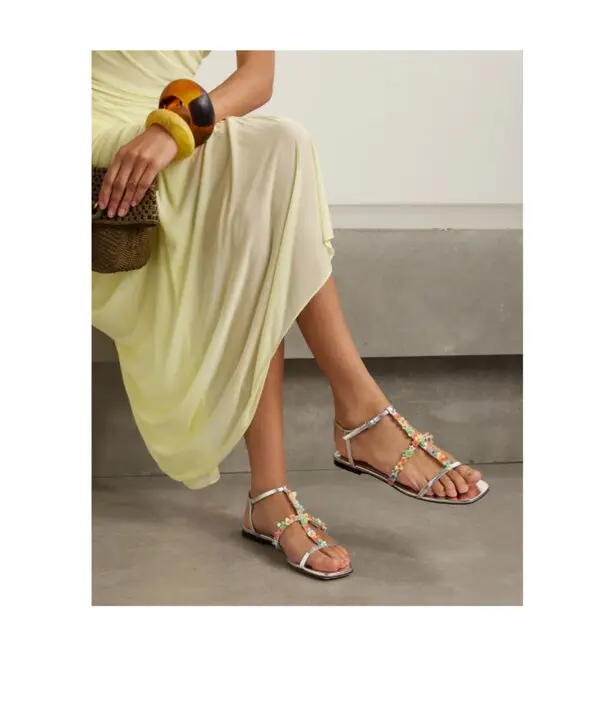 JIMMY CHOO Metallic Leather Floral Beaded Sandals - White